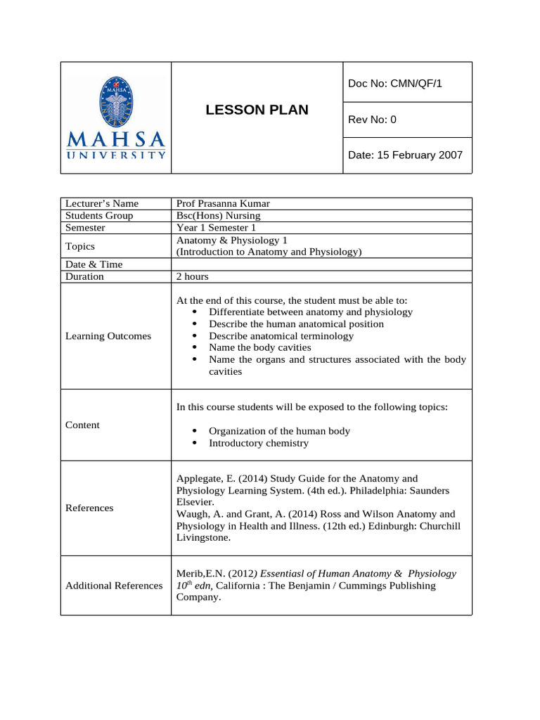 Anatomy & Physiology Lesson Plan | PDF | Lymphatic System | Lung