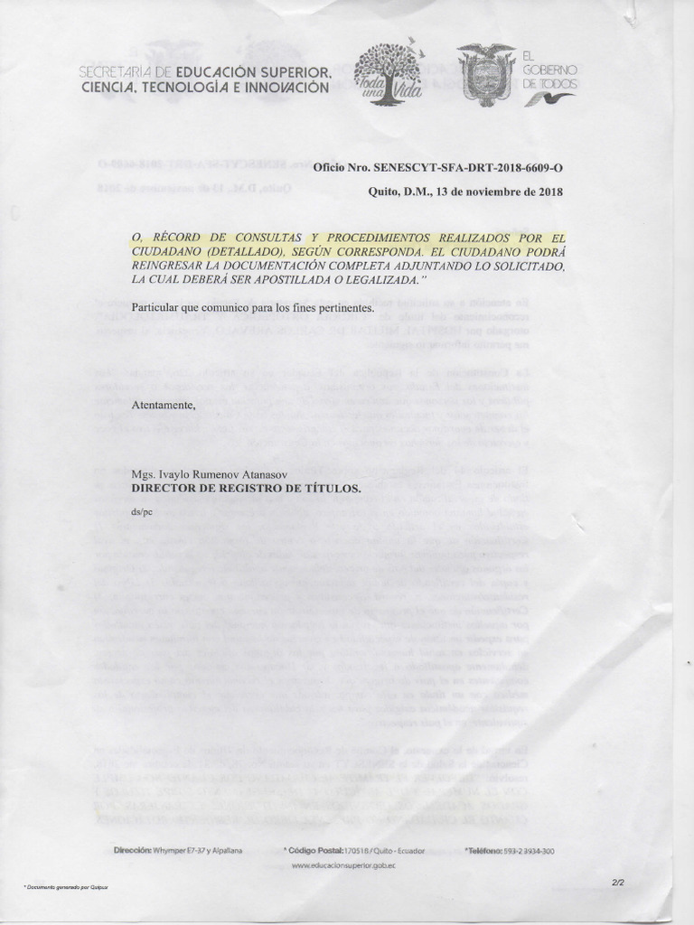 Oficio Senescyt Nro. Senescyt Sfa DRT 2018 6609 o | PDF