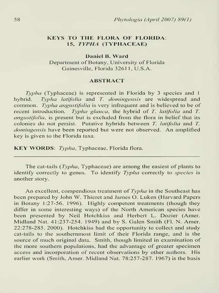 Keys To The Flora of Florida - 15, Typha (Typhaceae) | PDF | Plants ...