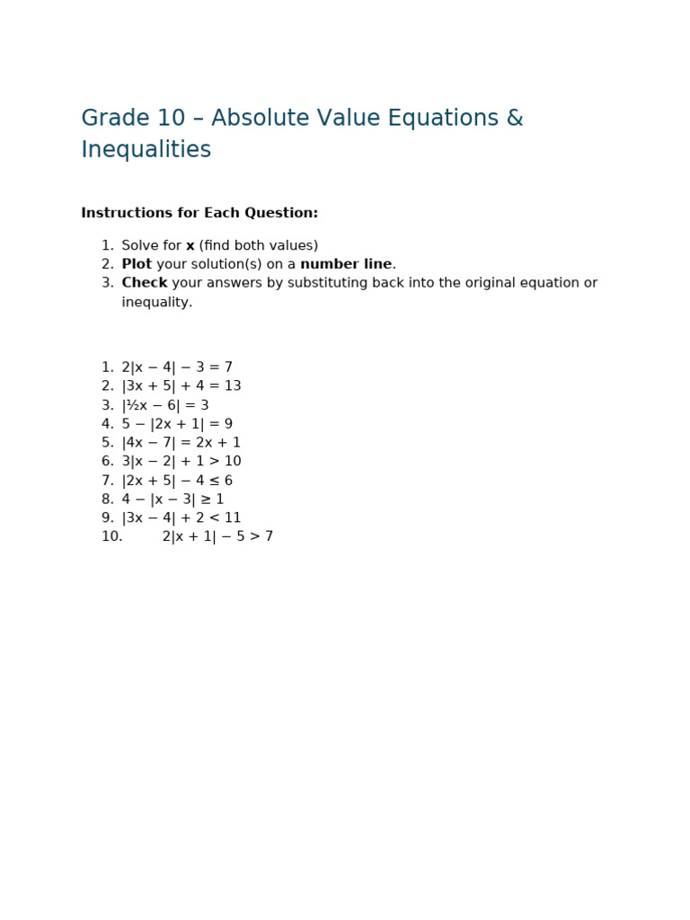 Grade 10 Absolute Value Problems Guide | PDF