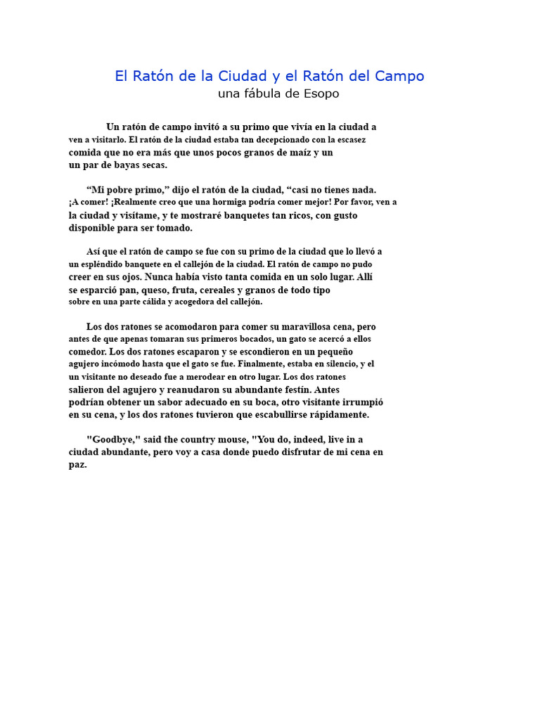 Fábula: Ratón de Ciudad vs. Ratón de Campo | PDF