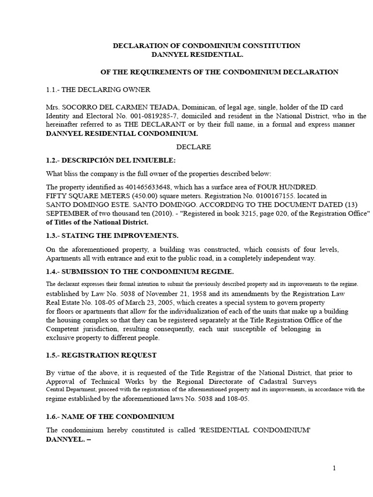 Dannyel Residential Condominium Declaration | PDF | Condominium | Interest