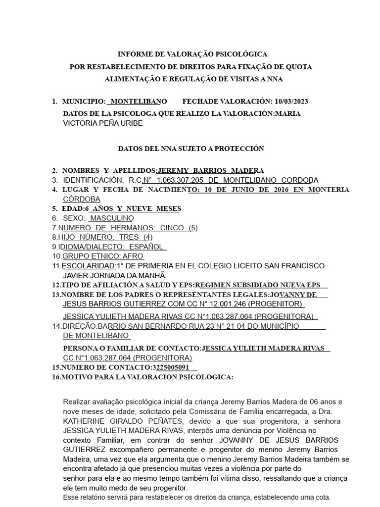 Avaliação Psicológica de Jeremy Barrios | PDF | Família | Psicologia