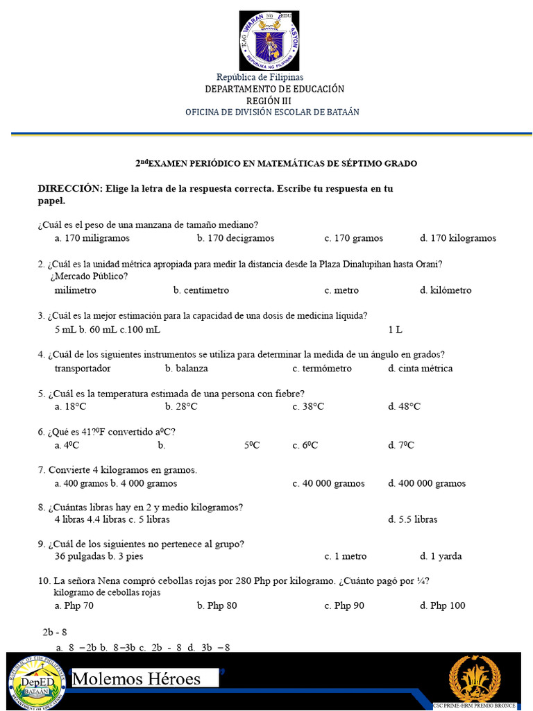 2º Examen Periódico en Matemáticas de 7º Grado | PDF | Ecuaciones | Álgebra