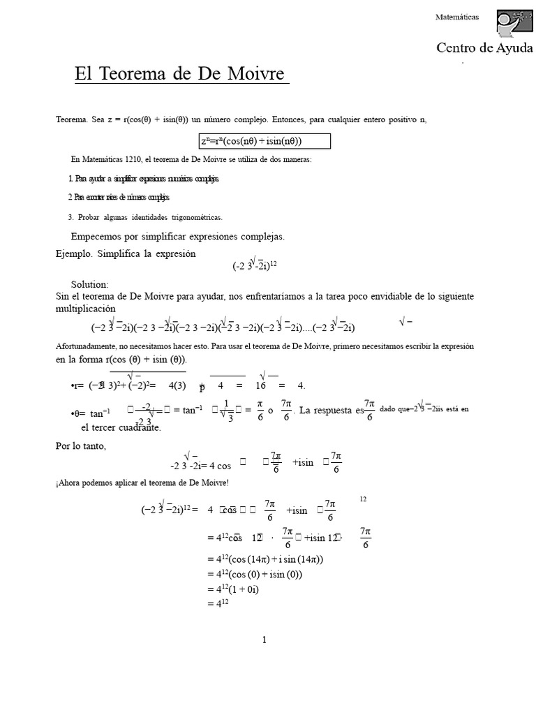 El Teorema de De Moivre | PDF | Raíz cuadrada | Número complejo