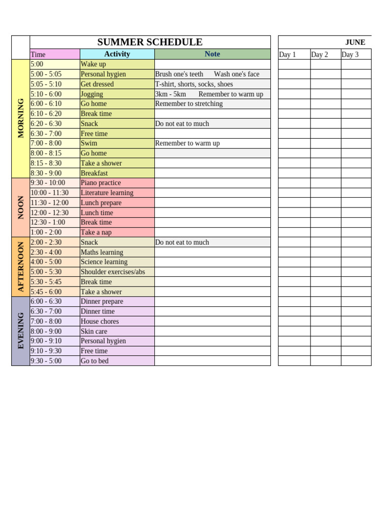 Daily Summer Activity Schedule | PDF