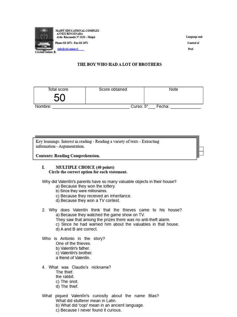 Reading Comprehension: The Boy with Brothers | PDF