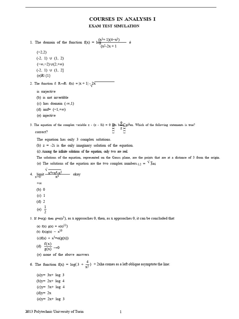Analysis I Exam Test Simulation | PDF | Function (Mathematics) | Equations