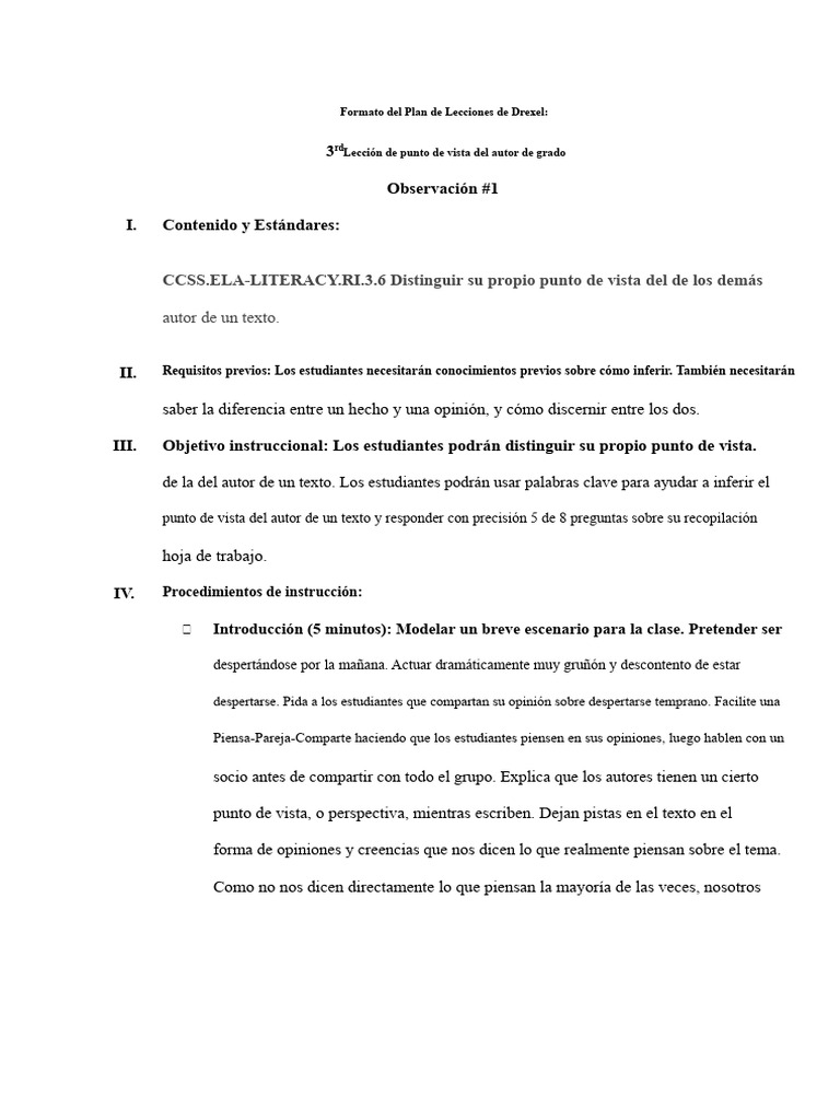 Observación Del Plan de Lección Del Punto de Vista Del Autor 1 | PDF ...