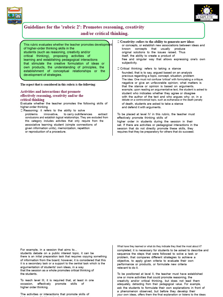 Rubric 2 - Promotes Reasoning | PDF | Thought | Creativity