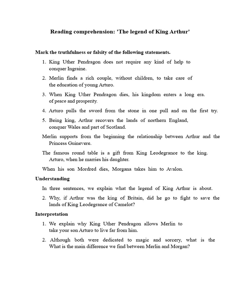 King Arthur Legend: Comprehension Guide | PDF