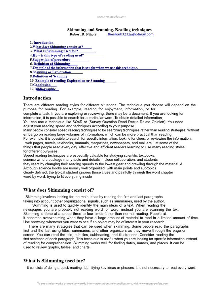 Skimming and Scanning Reading Techniques | PDF | Speed Reading | Human ...