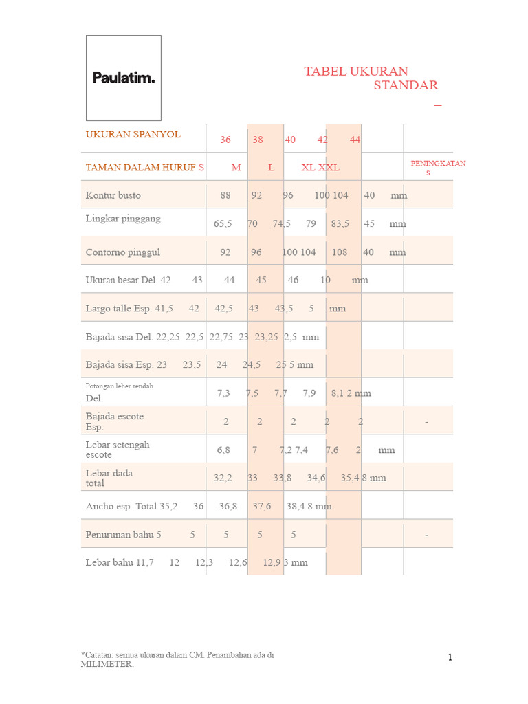 Tabel Ukuran Pakaian Spanyol | PDF