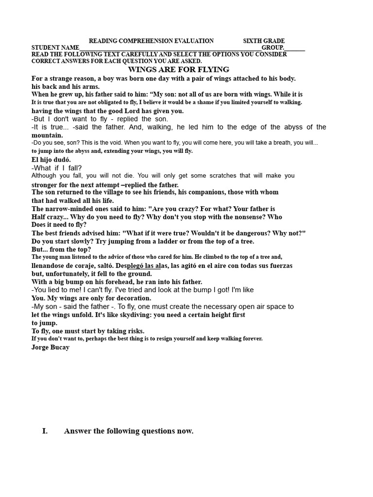READING COMPREHENSION ASSESSMENT 6TH GRADE WINGS ARE FOR FLYING. | PDF ...