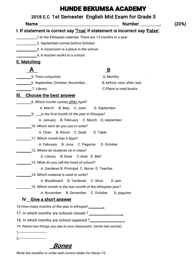 Grade 3 English Mid Exam - Ethiopia | PDF