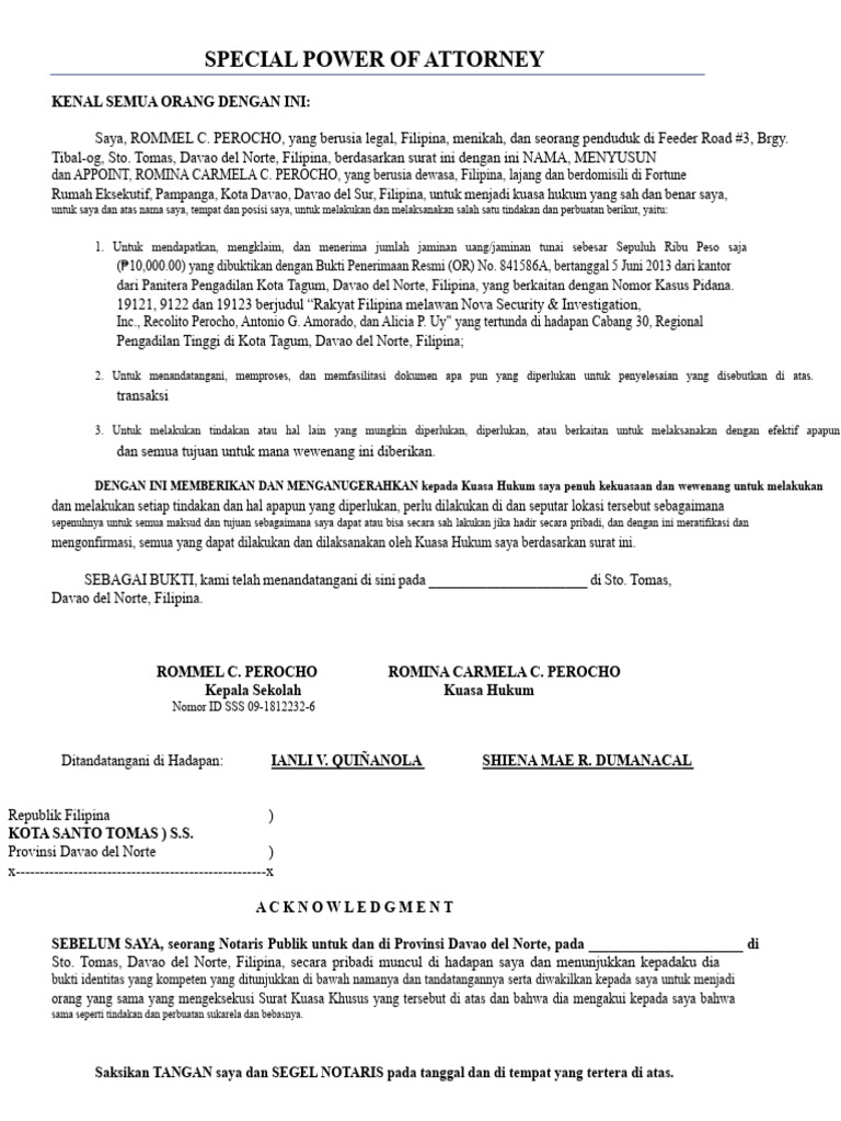 Surat Kuasa Khusus Rommel Perocho | PDF