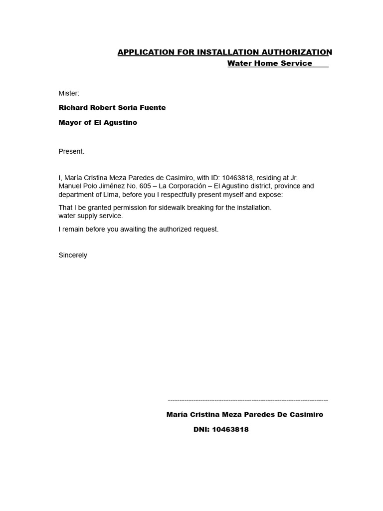 Request For Authorization For Home Water Installation | PDF