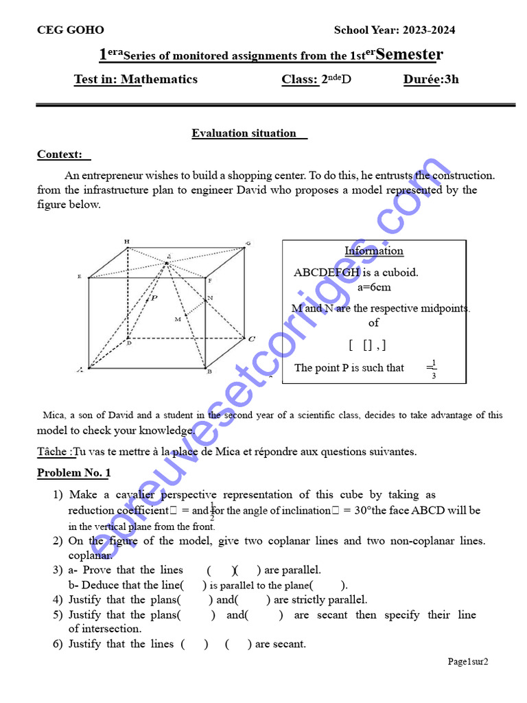 Mathematics 10TH Grade 1ST Exam of The 1ST Semester 2023-2024 Ceg Goho ...