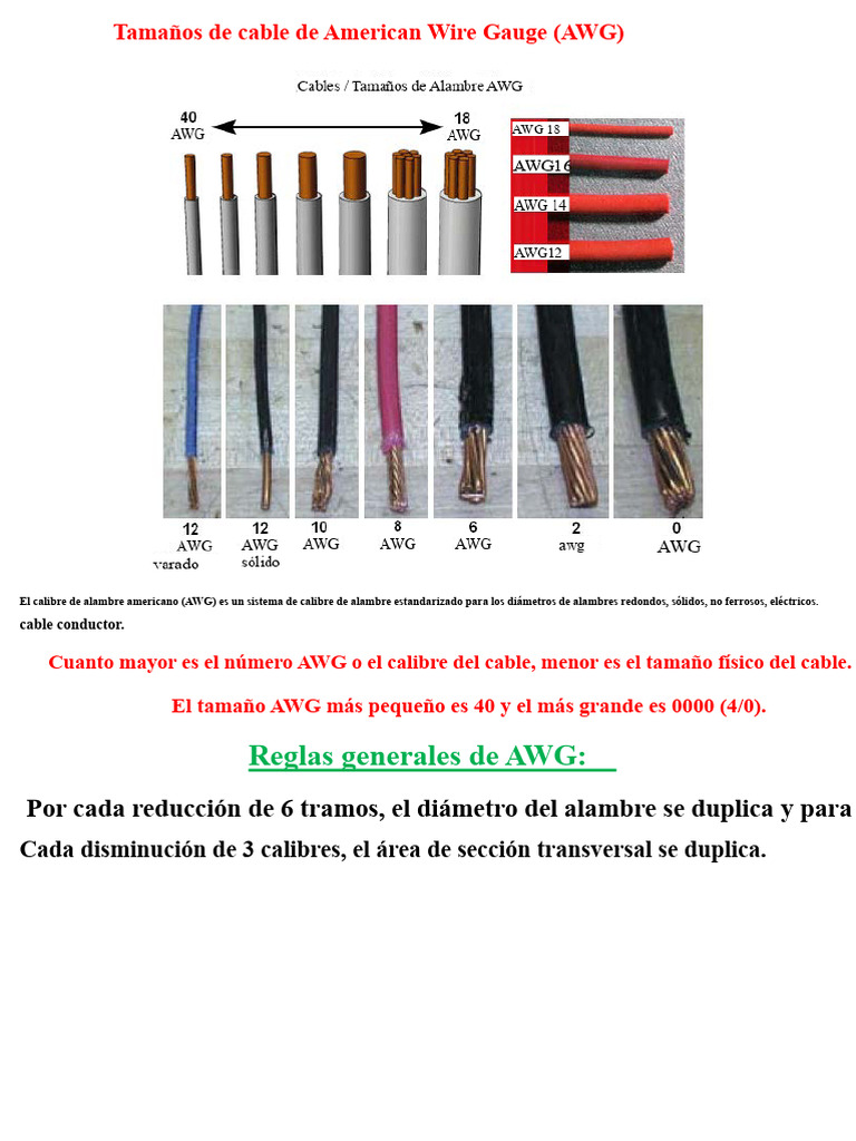 Tamaños y propiedades del cable AWG | PDF | Conductor electrico ...