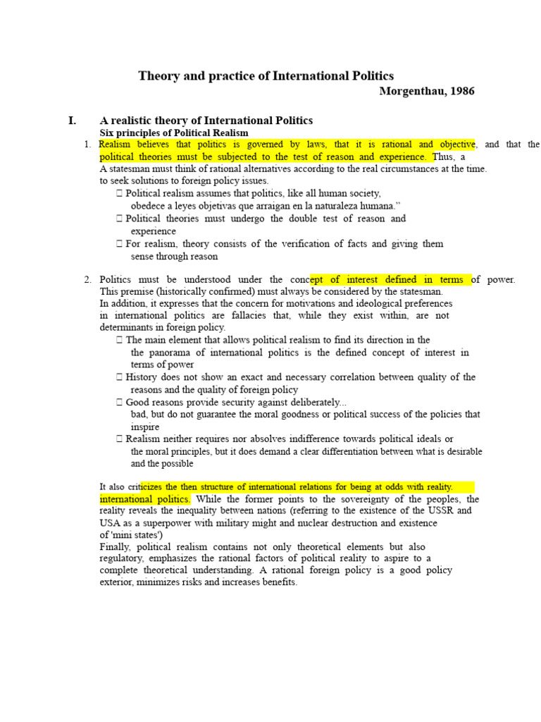 Summary of "Theory and Practice of International Politics", Morgenthau ...
