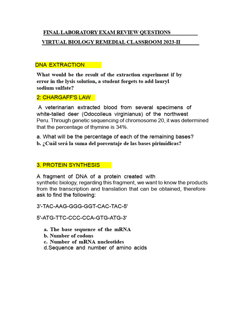 Final Laboratory Biology Exam Review Questions | PDF | Translation (Biology) | Mitosis