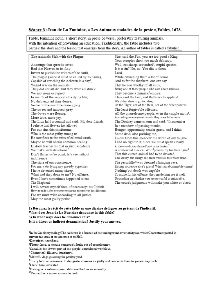 Session 3 - Jean de La Fontaine "The Animals Sick with the Plague ...