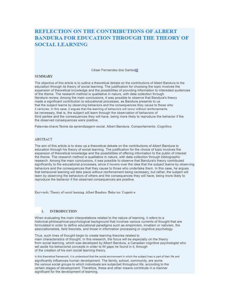 Reflection On The Contributions of Albert Bandura To Education Through ...