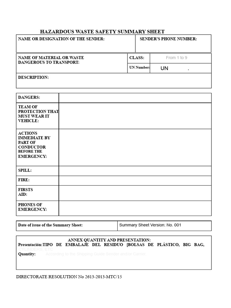 Hazardous Waste Safety Summary Sheet | PDF