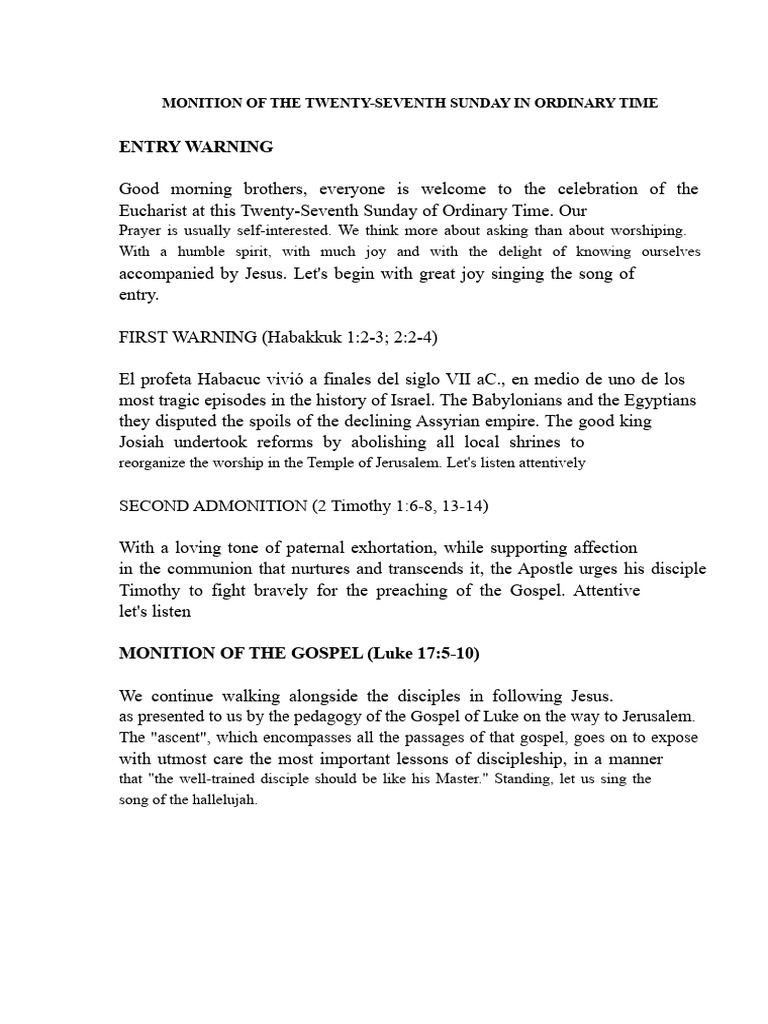 MONITION OF THE TWENTY-SEVENTH SUNDAY IN ORDINARY TIME | PDF ...