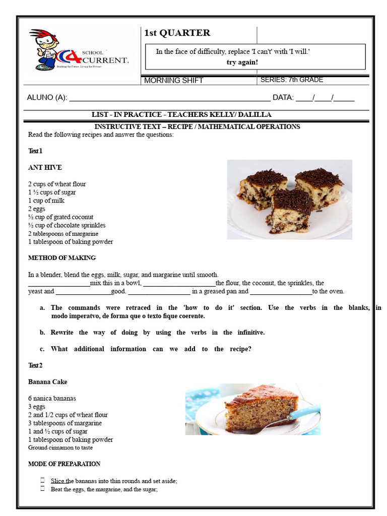 7th Grade Recipe and Math Exercises | PDF | Cakes | Foods