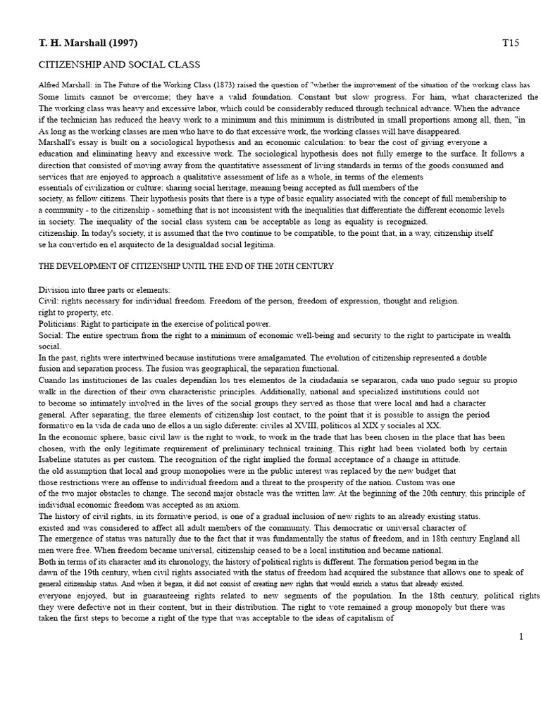Summary - T. H. Marshall (1997) "Citizenship and Social Class" | PDF ...