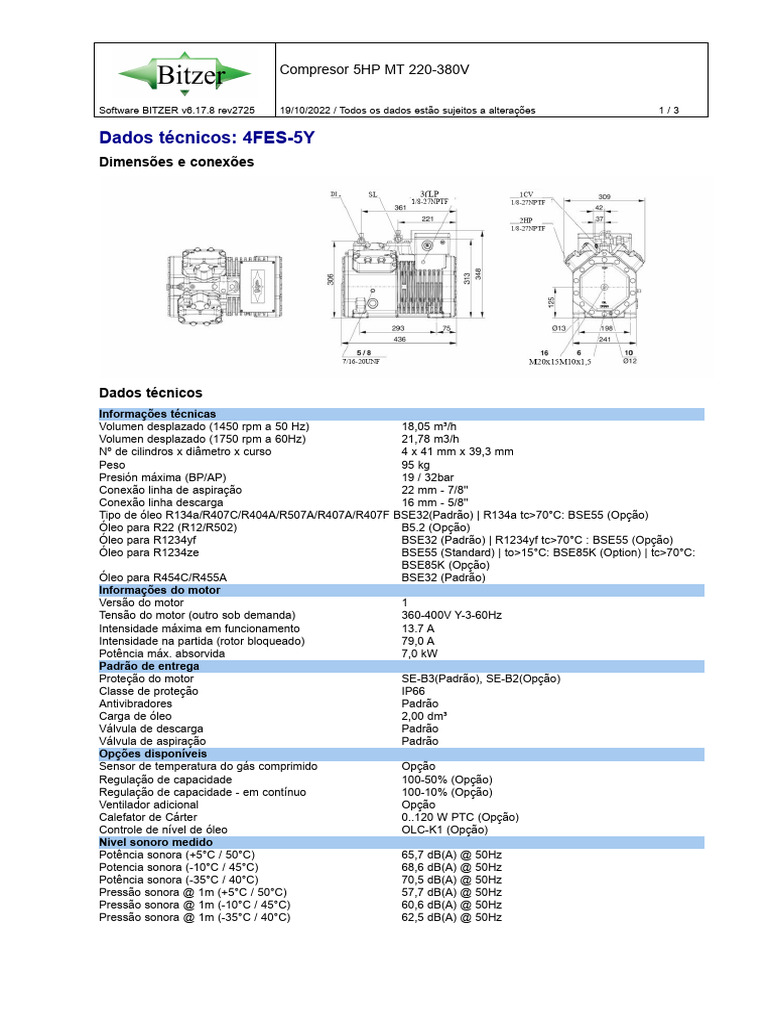 Compresor 5HP MT: Especificações Técnicas | PDF | Potência (Física ...