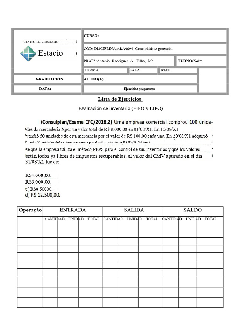 Lista de Ejercicios (PEPS y UEPS) | PDF