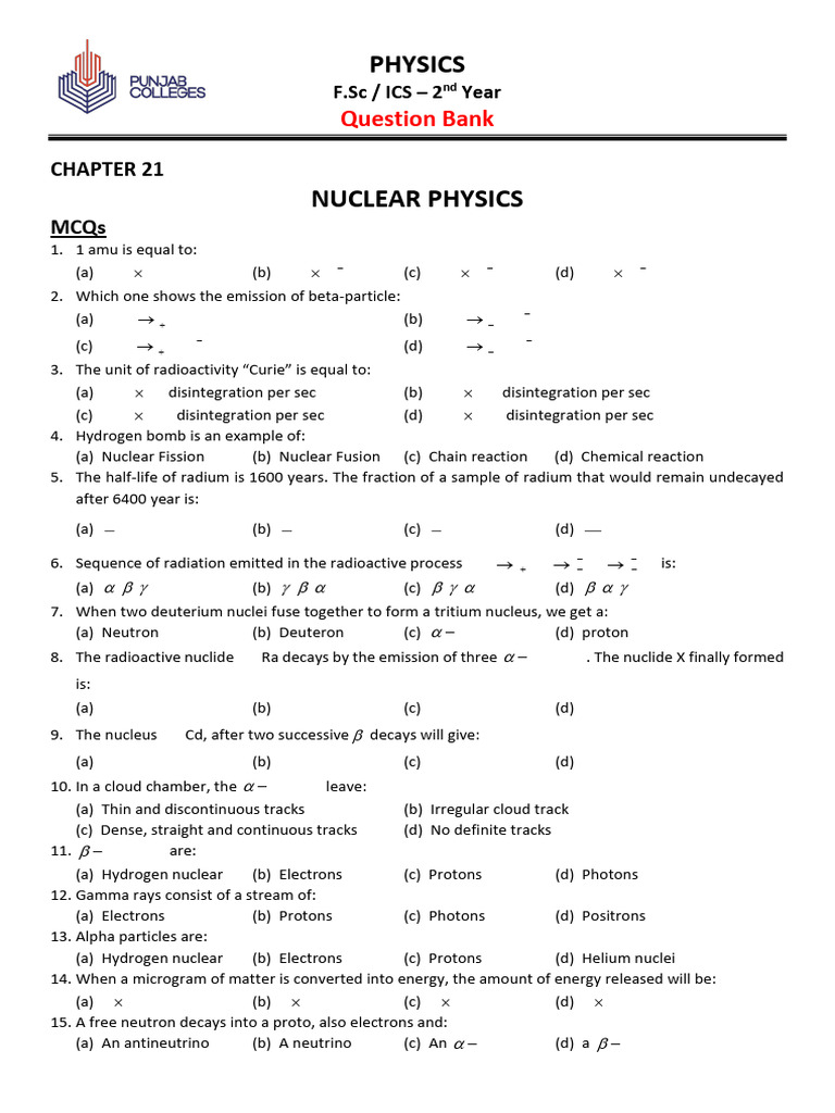 Nuclear Physics MCQs for F.Sc/ICS | PDF | Radioactive Decay | Neutron