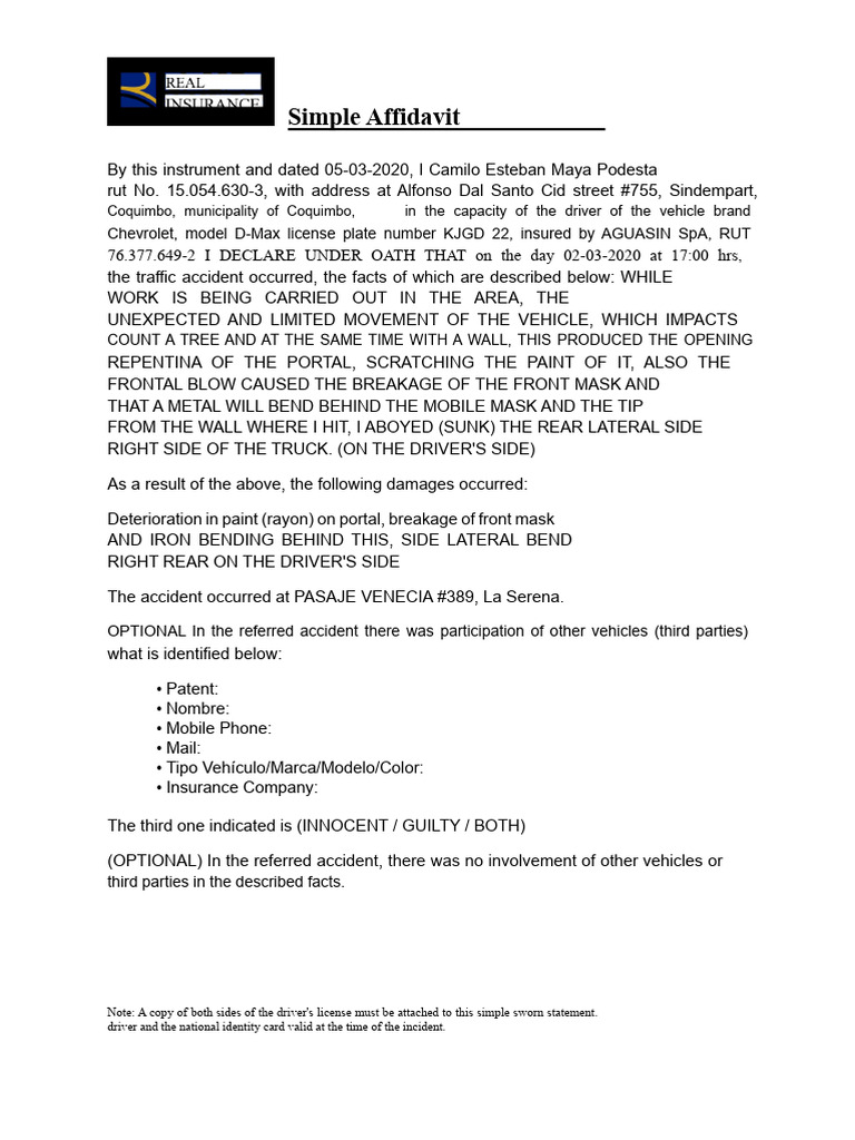 Traffic Accident Affidavit Template | PDF | Insurance