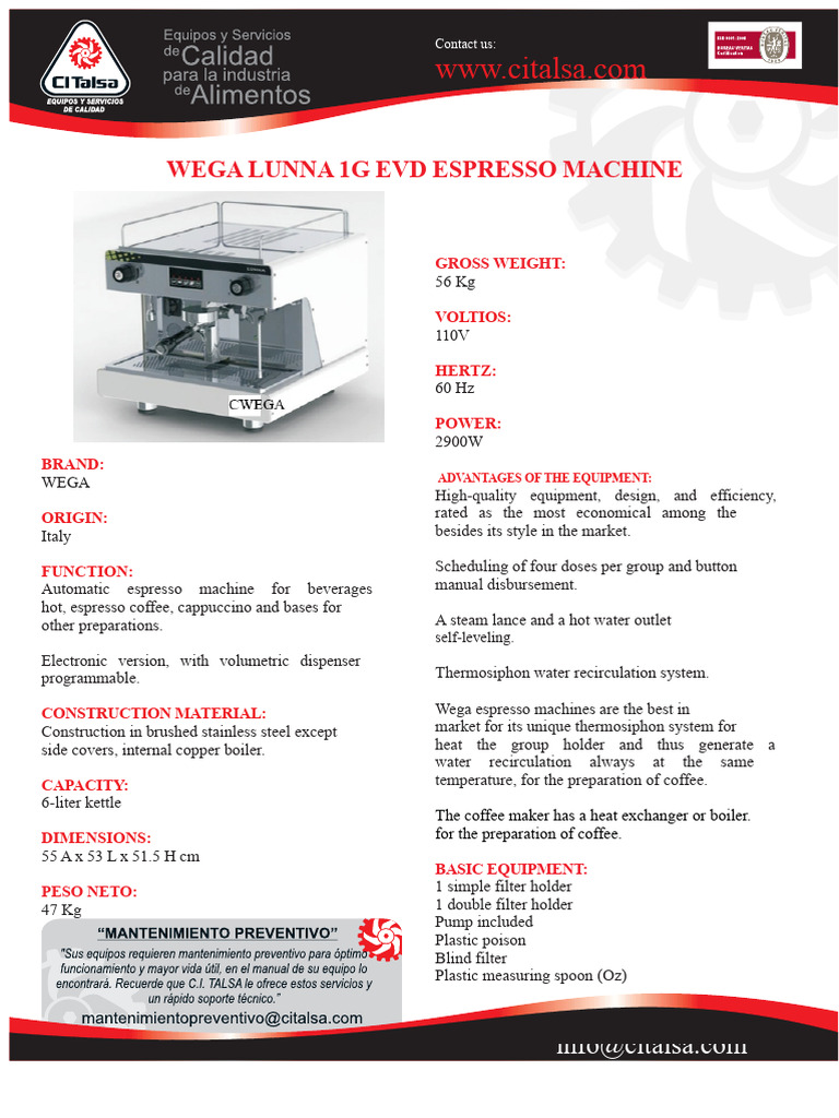 Dimensions of Wega Lunna Espresso Machine | PDF | Mechanical Engineering