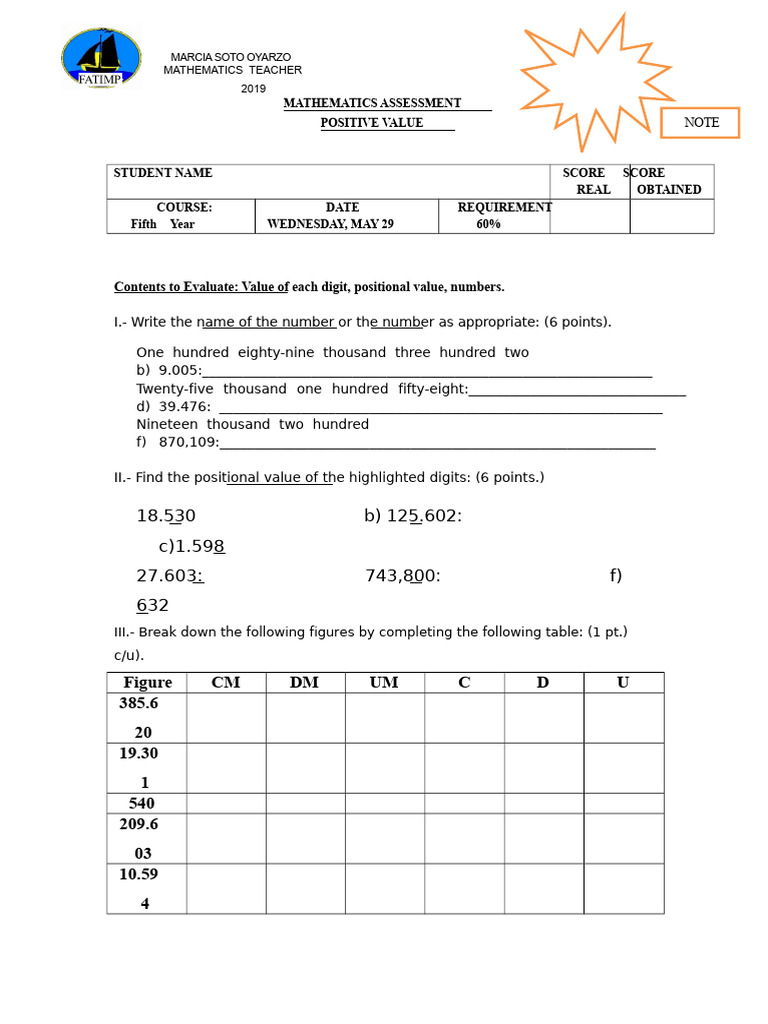 Positional Value Assessment 1019 | PDF