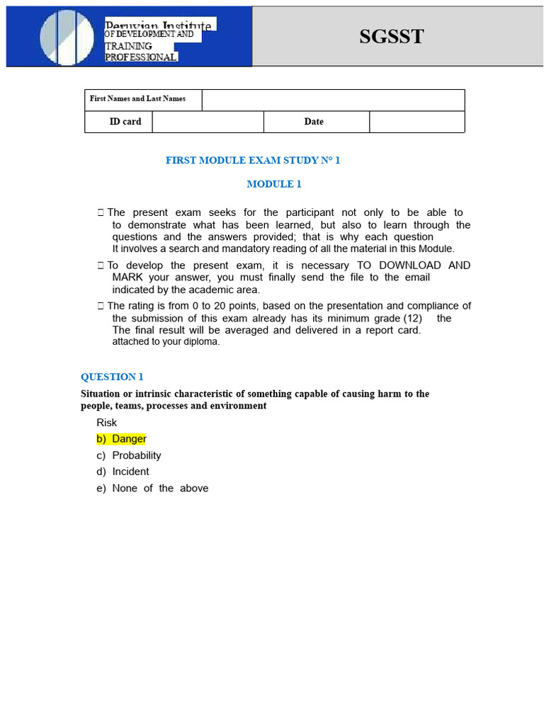 EXAM MODULE 01 - SGSST | PDF | Occupational Safety And Health | Safety