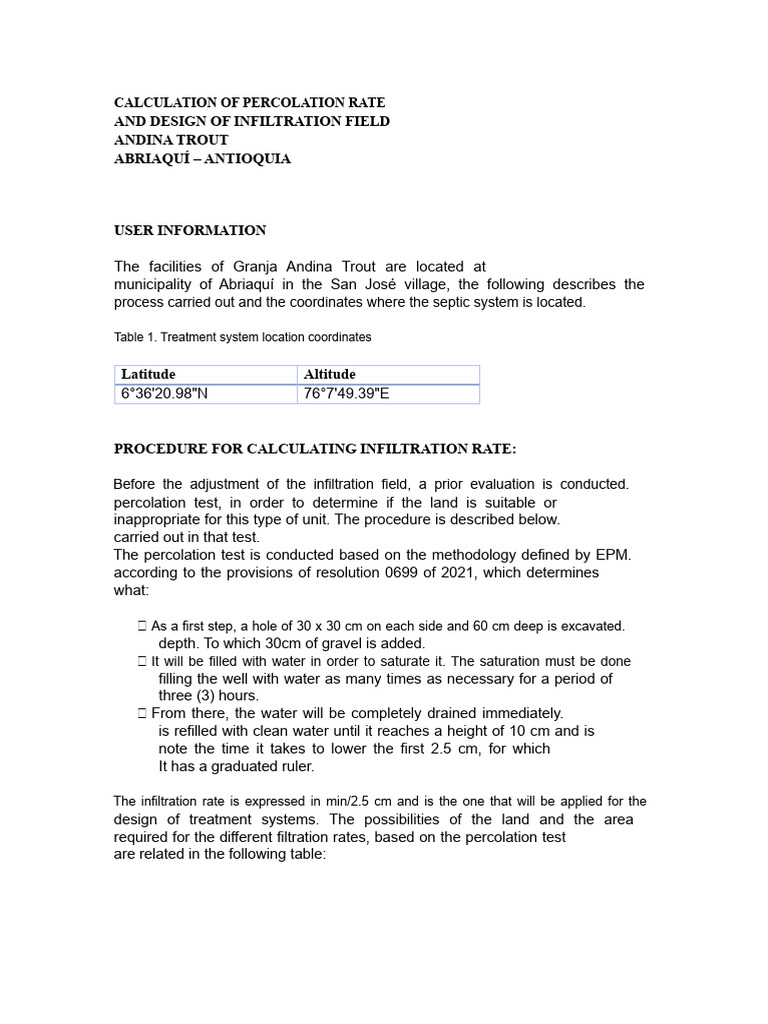 Infiltration Field Design & Percolation Rate | PDF | Environmental ...