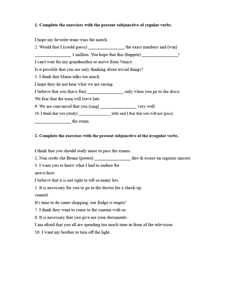 Exercises With The Present and Past Subjunctive | PDF | Linguistic ...
