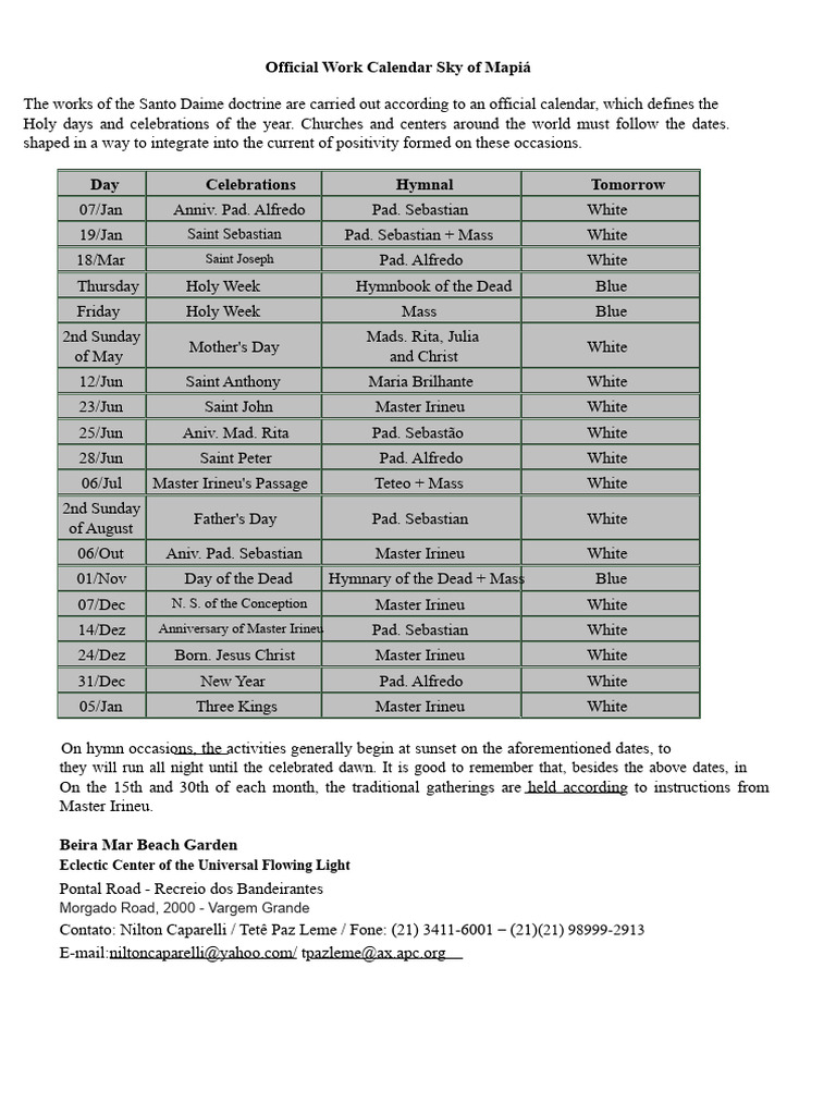 Official Daime Calendar | PDF | Christian Festivals And Holy Days ...