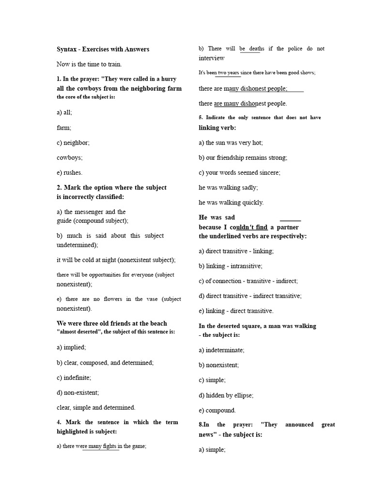 Syntax Exercises with Answers Guide | PDF | Subject (Grammar) | Verb
