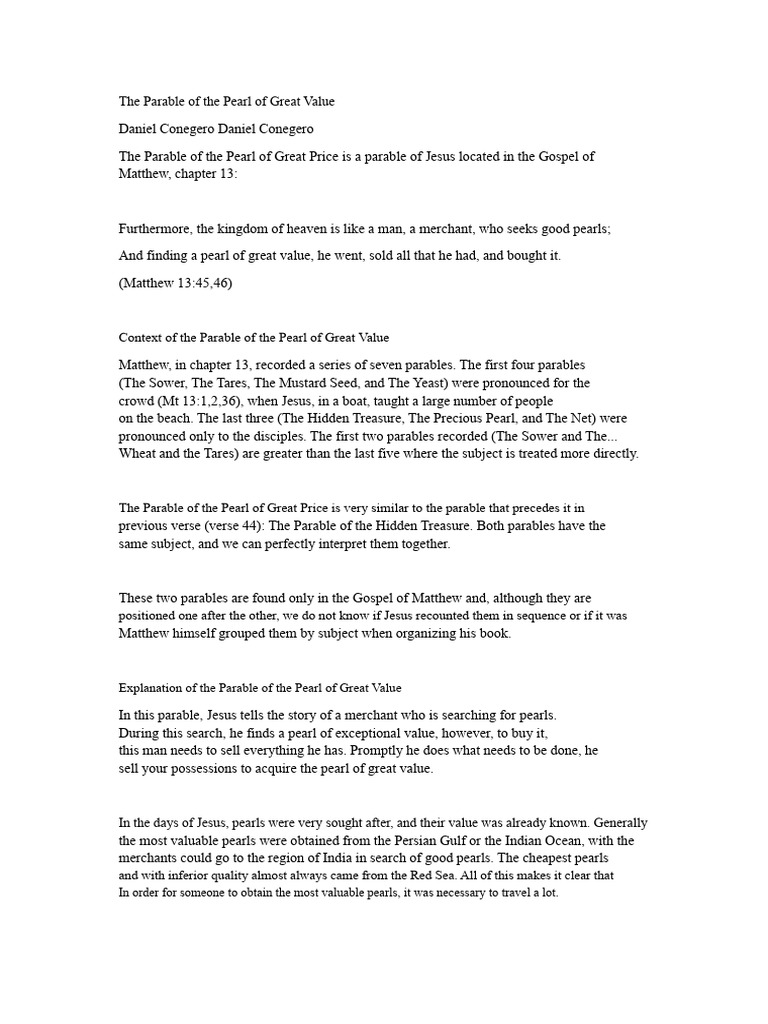 The Parable of the Pearl of Great Value | PDF | Parables Of Jesus | Jesus