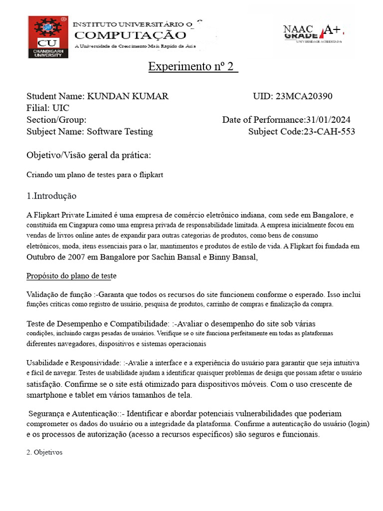 Plano de teste do Flipkart | PDF | Testes de software | Autenticação