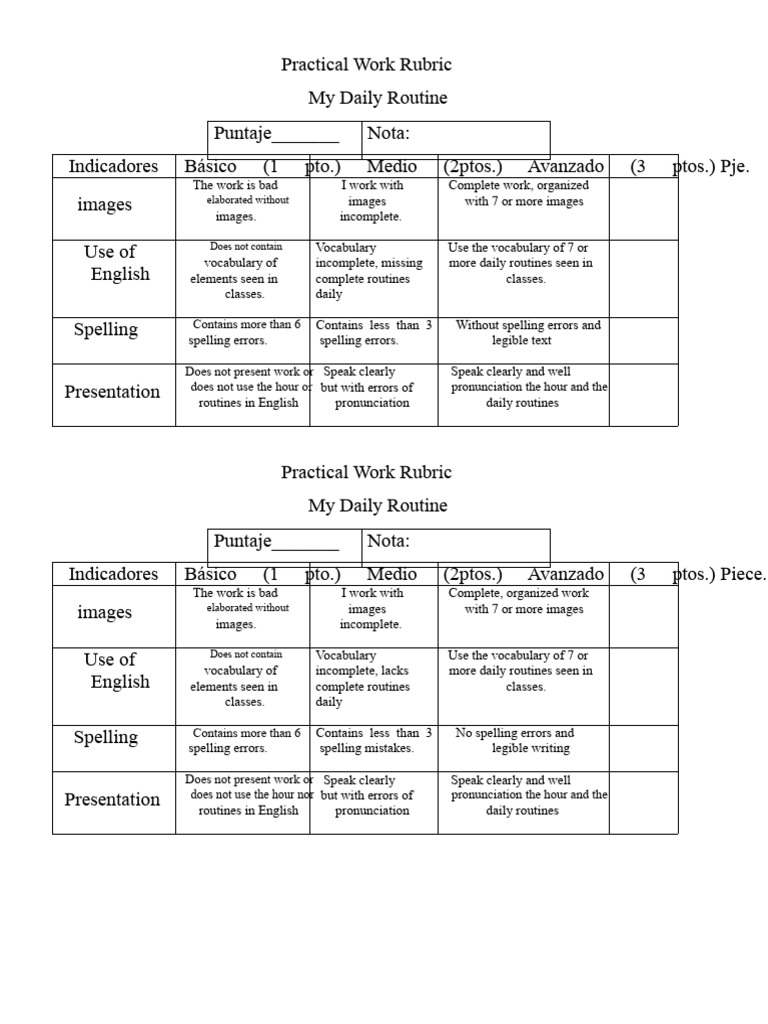 Rubric Practical Work 5th My daily routine | PDF | Linguistics | Applied Linguistics