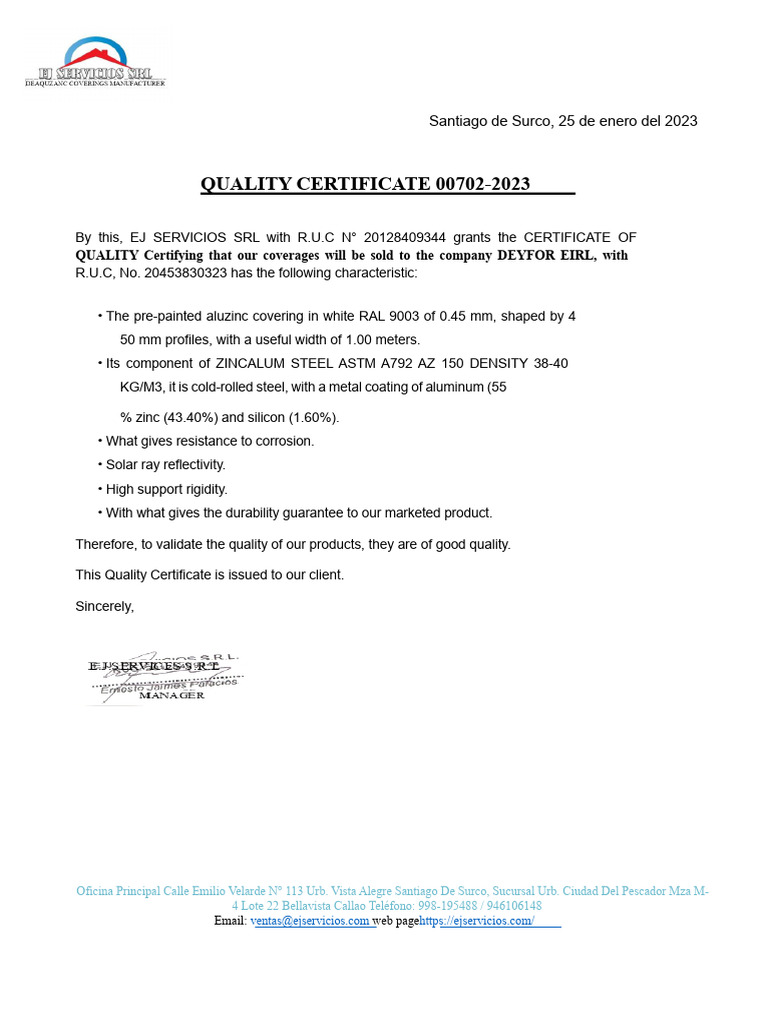 Quality Certificate TR4 | PDF