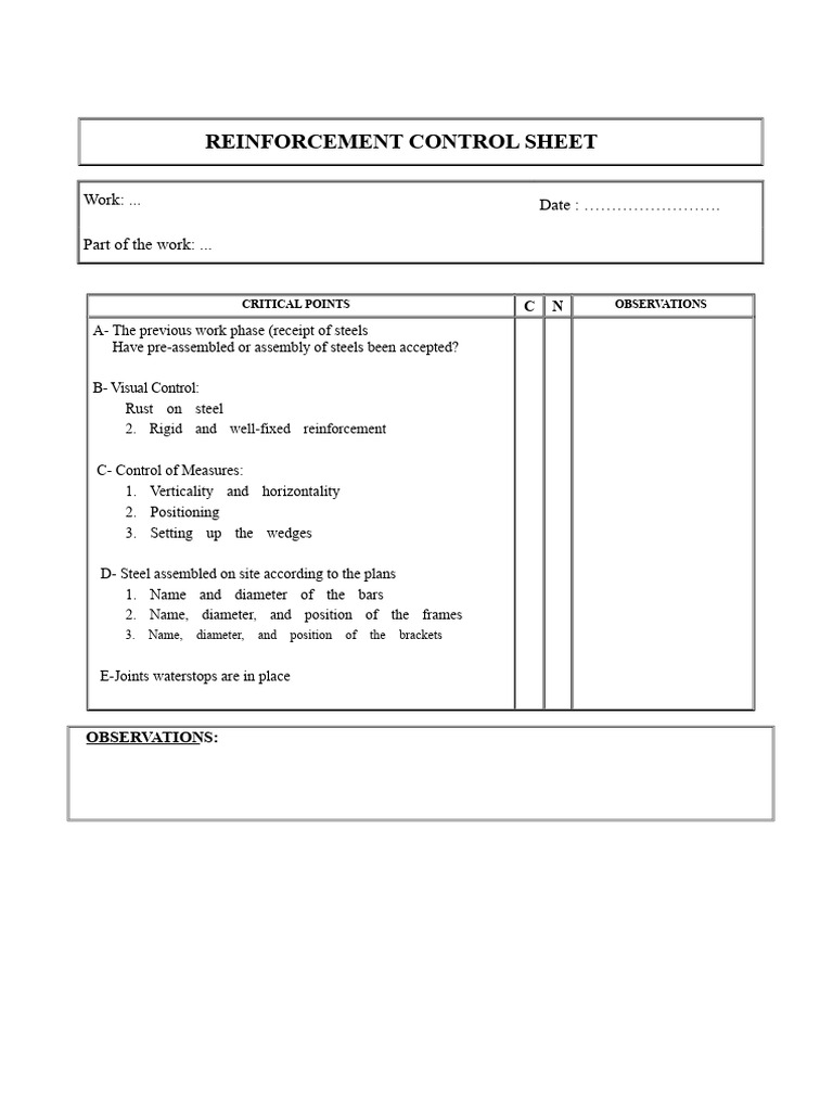 Reinforcement and Concrete Pouring Control Sheets | PDF