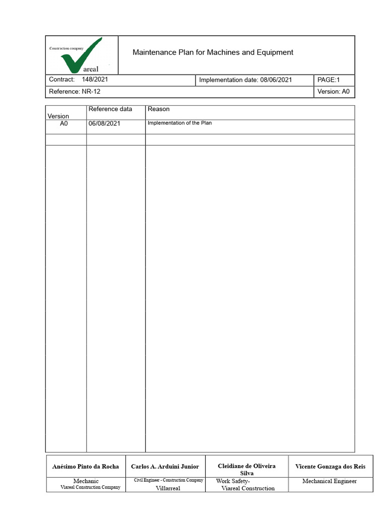 Maintenance Plan For Machines and Equipment - 2021 | PDF | Steering ...
