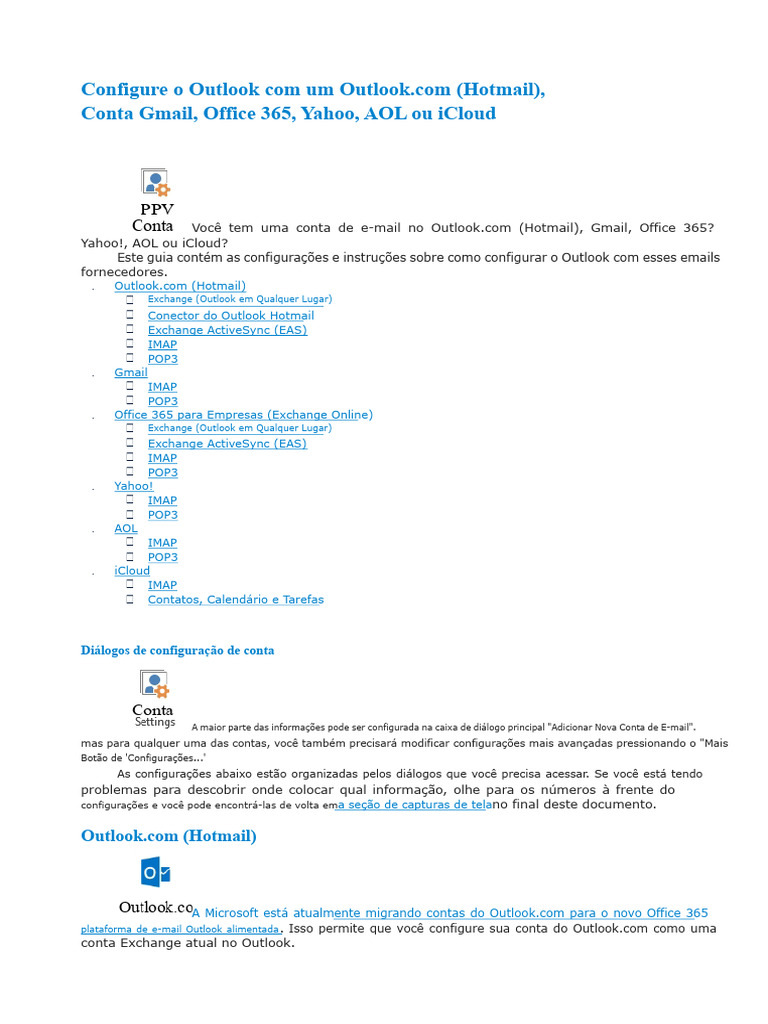 Configure o Outlook com uma conta Outlook.com (Hotmail), Gmail, Office 365, Yahoo, AOL ou iCloud ...