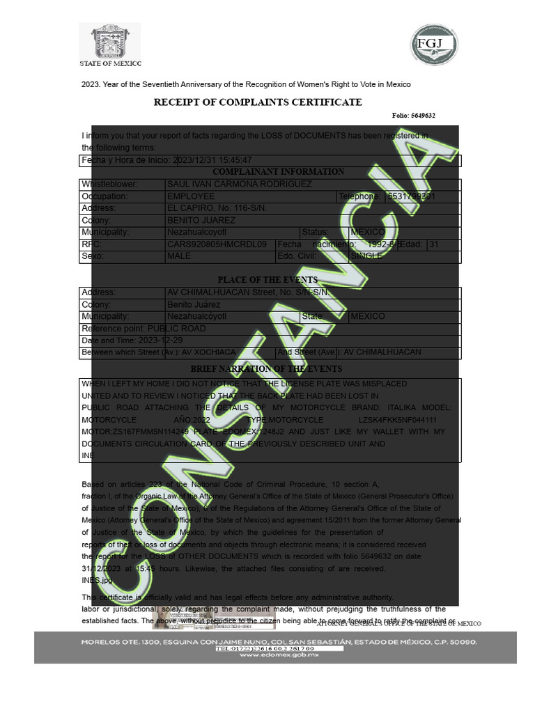 Complaint Certificate for Lost Documents | PDF | Complaint | Attorney ...